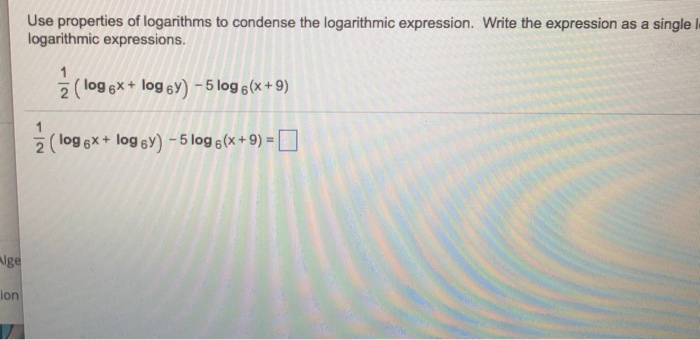 Solved Use properties of logarithms to condense the | Chegg.com