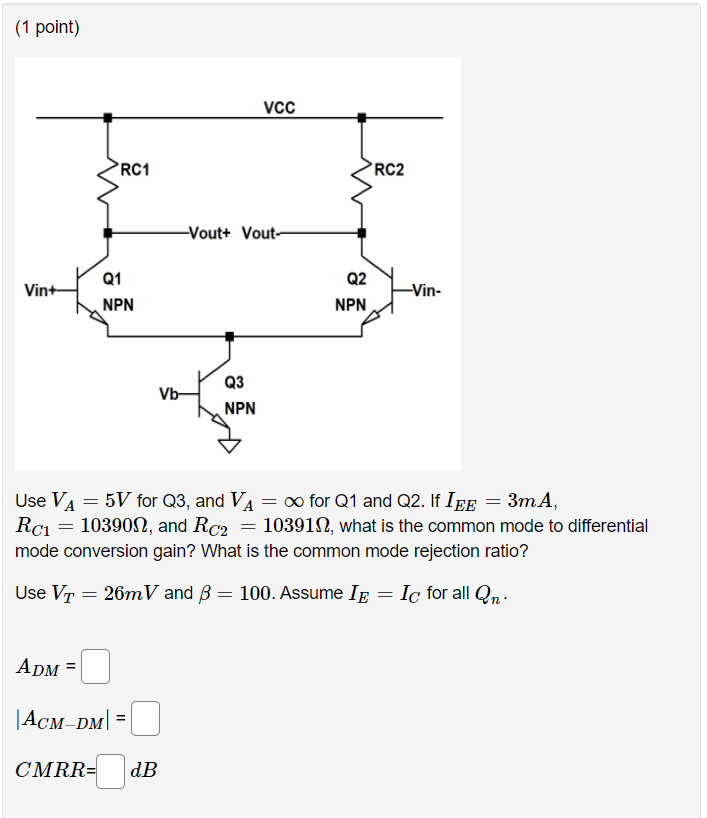Solved (1 point) VCC RC1 RC2 Vout+ Vout- Vint- Q1 NPN Q2 NPN | Chegg.com