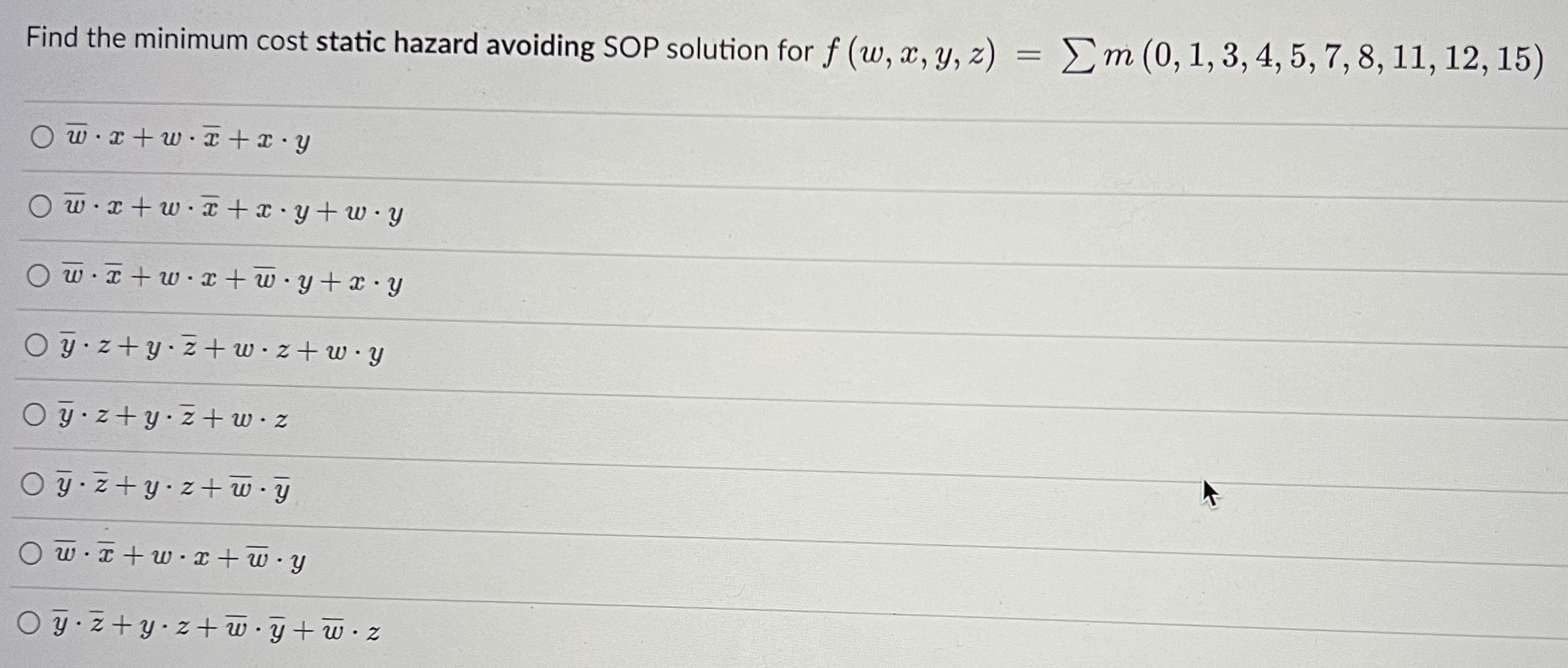 Solved Find the minimum cost static hazard avoiding SOP | Chegg.com