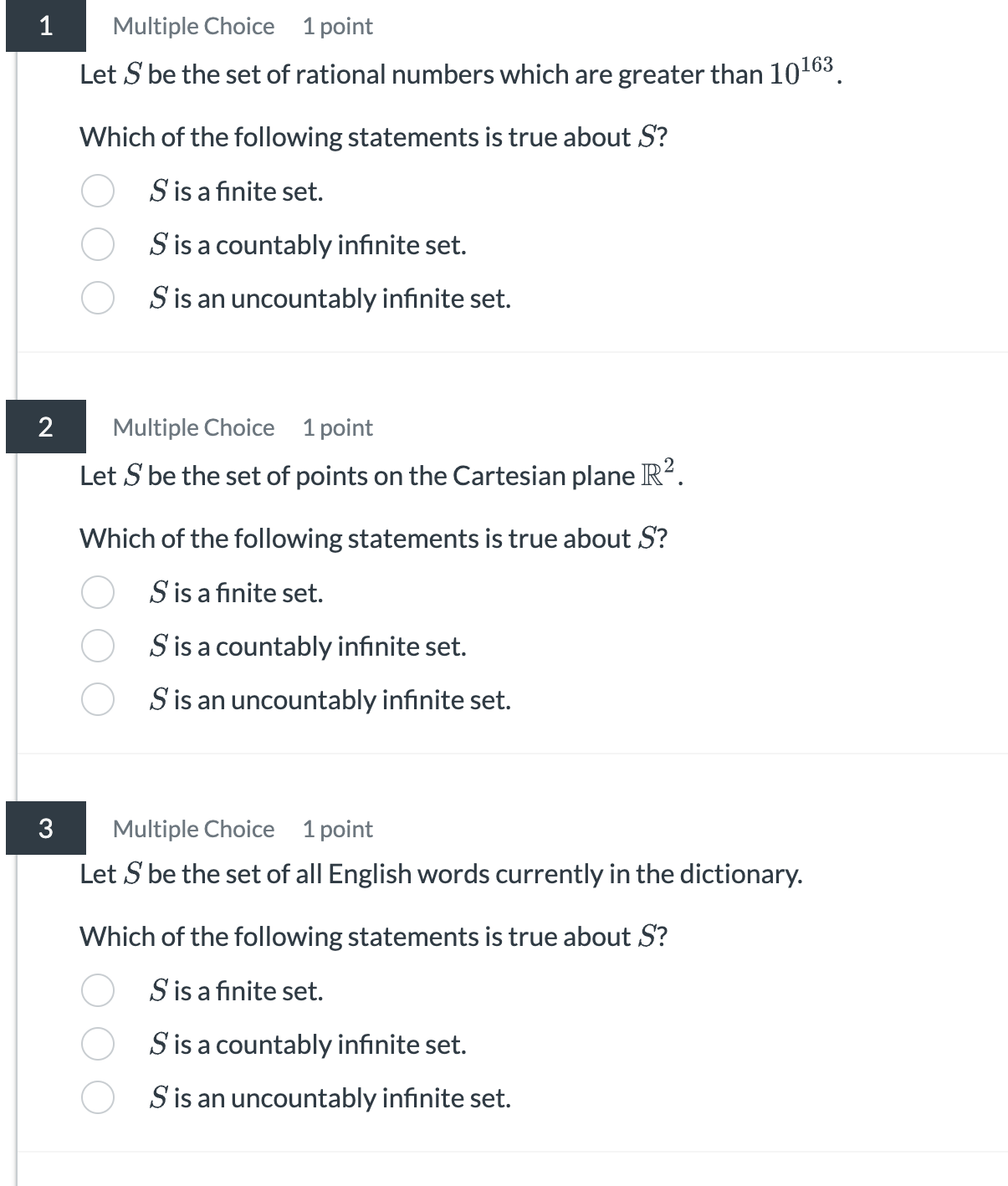 Solved 2Multiple Choice1 ﻿pointLet \( ﻿S \) ﻿be the set of | Chegg.com