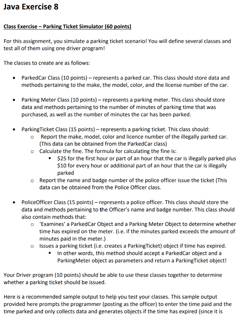 Java Exercise 8 Class Exercise - Parking Ticket | Chegg.com