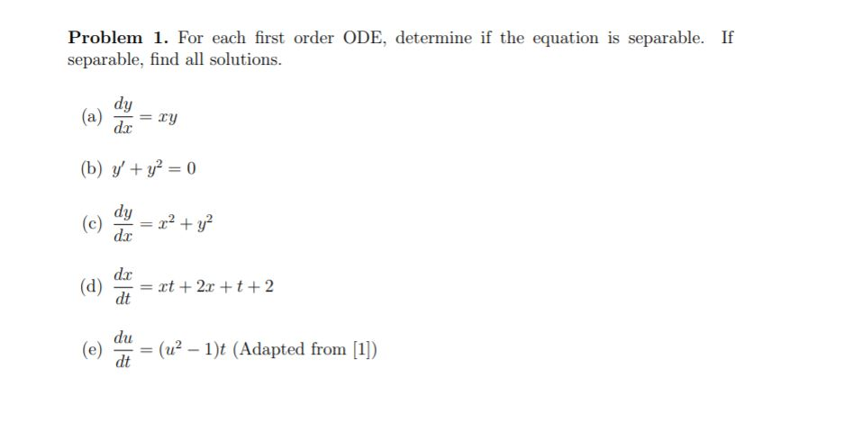 Solved Problem 1 For Each First Order Ode Determine If The 7697
