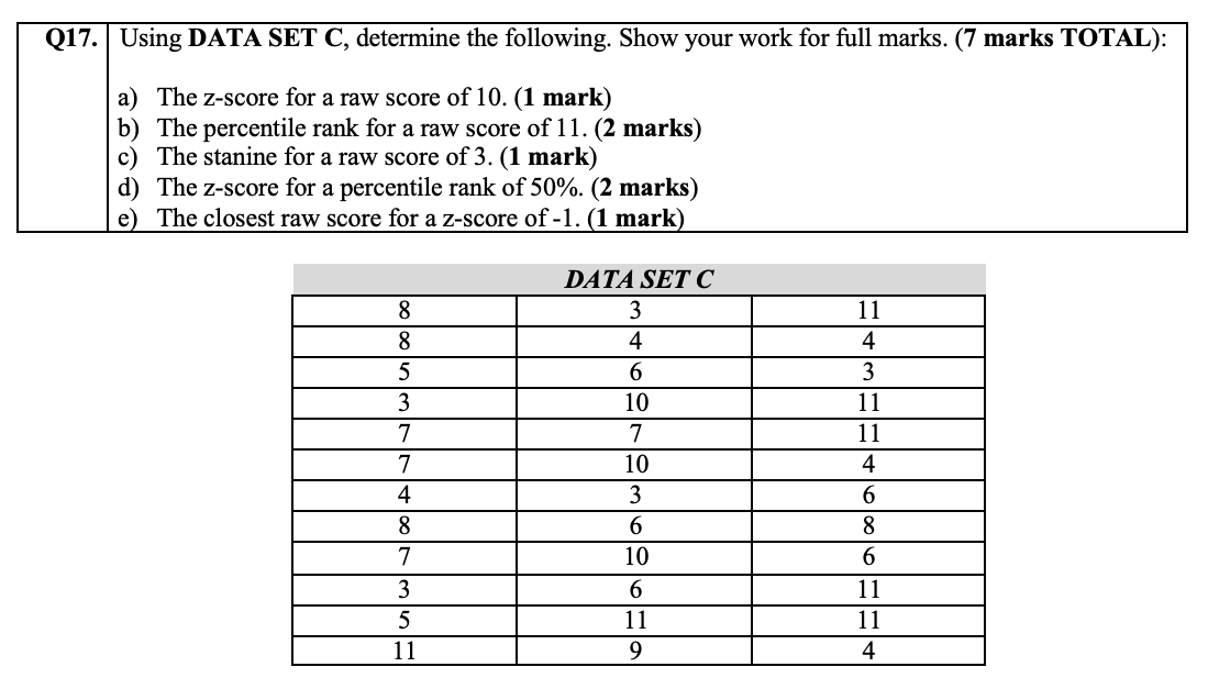 Solved Q17. Using DATA SET C, determine the following. Show | Chegg.com