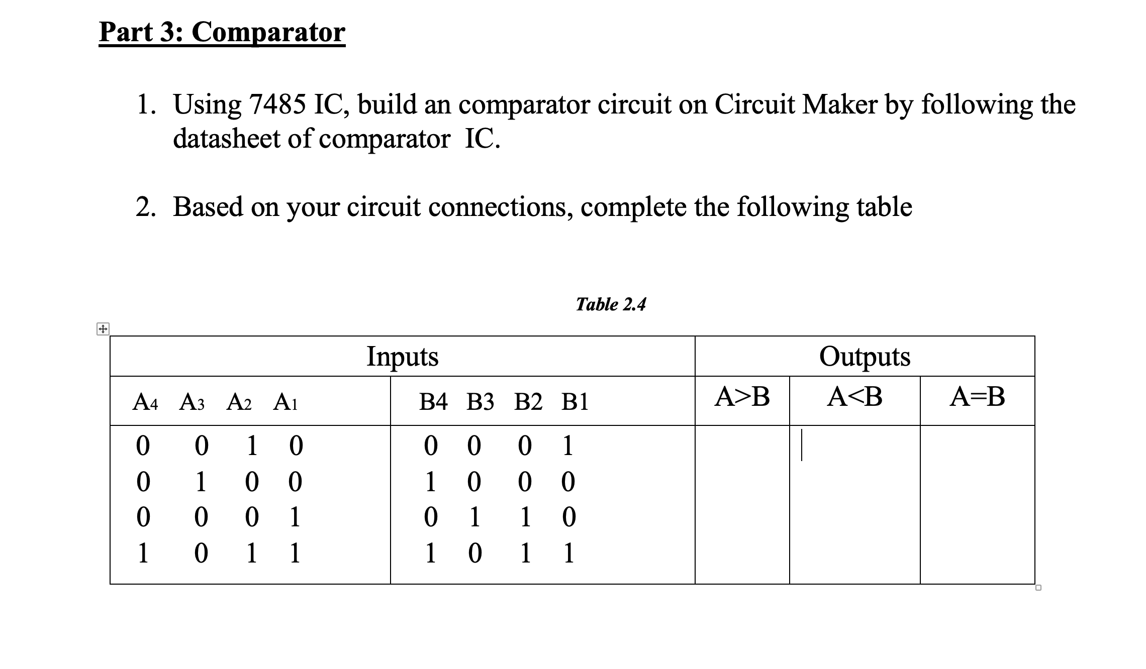 Part 3: ComparatorUsing 7485 ﻿IC, ﻿build an | Chegg.com