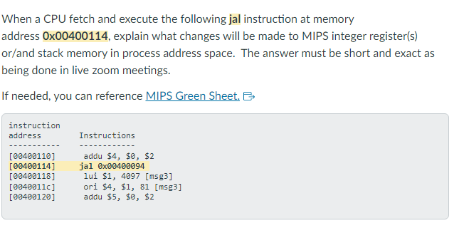 Solved When a CPU fetch and execute the following jal | Chegg.com