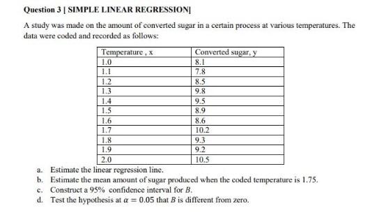 Solved Question 3 SIMPLE LINEAR REGRESSION] A study was made | Chegg.com