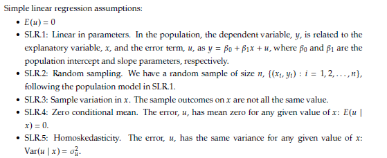 Solved Simple linear regression assumptions:E(u)=0SLR.1: | Chegg.com