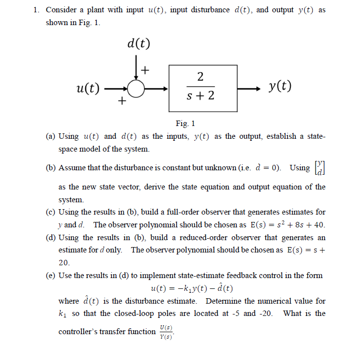 Solved 1. Consider a plant with input u(t), input | Chegg.com