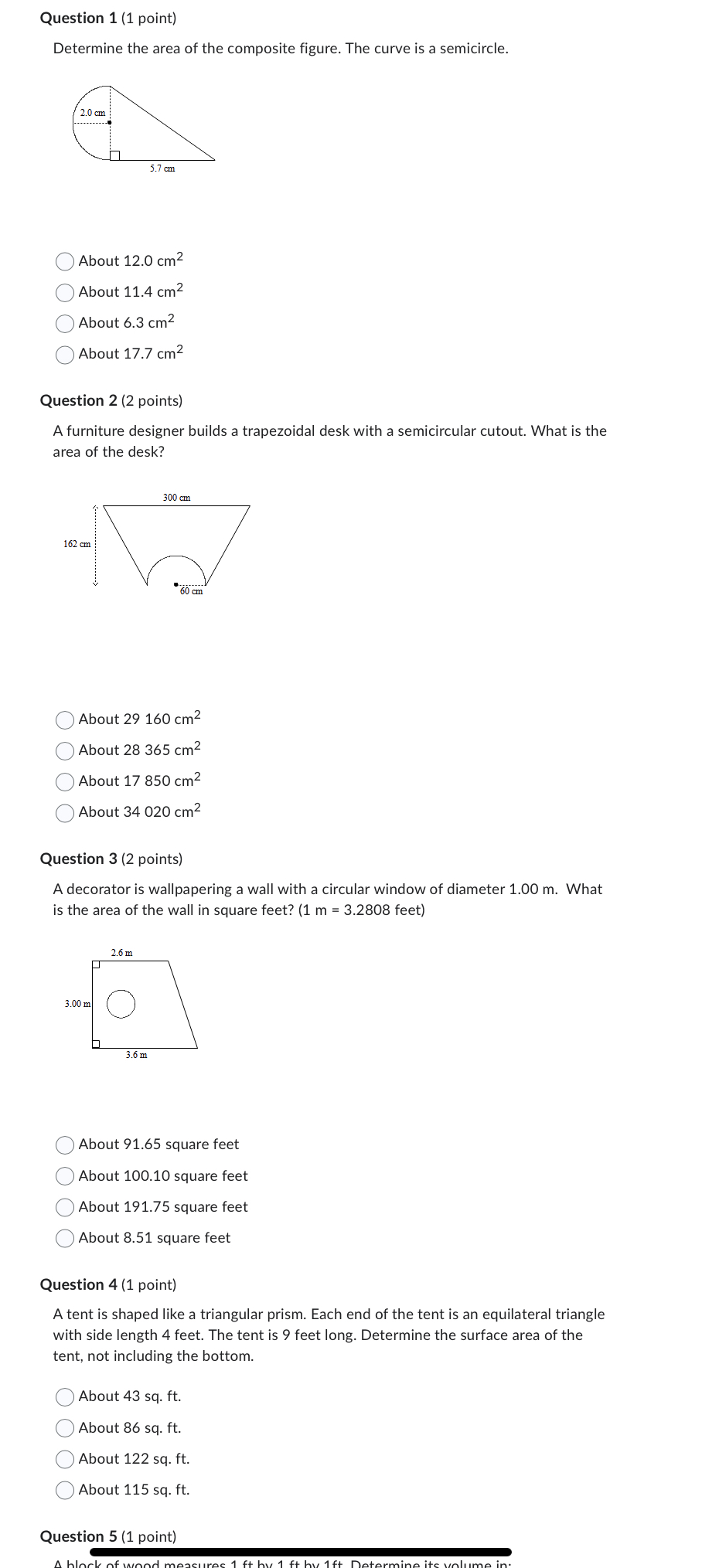 Solved Question 1 (1 point) Determine the area of the | Chegg.com