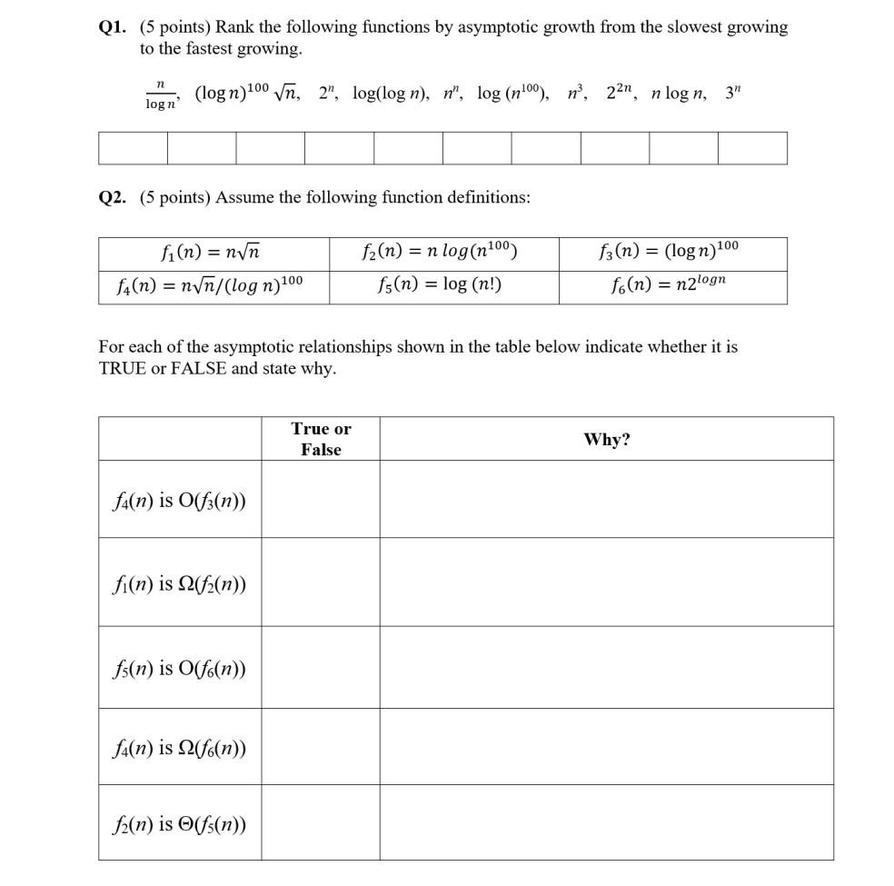 Solved Q1. (5 points) Rank the following functions by | Chegg.com