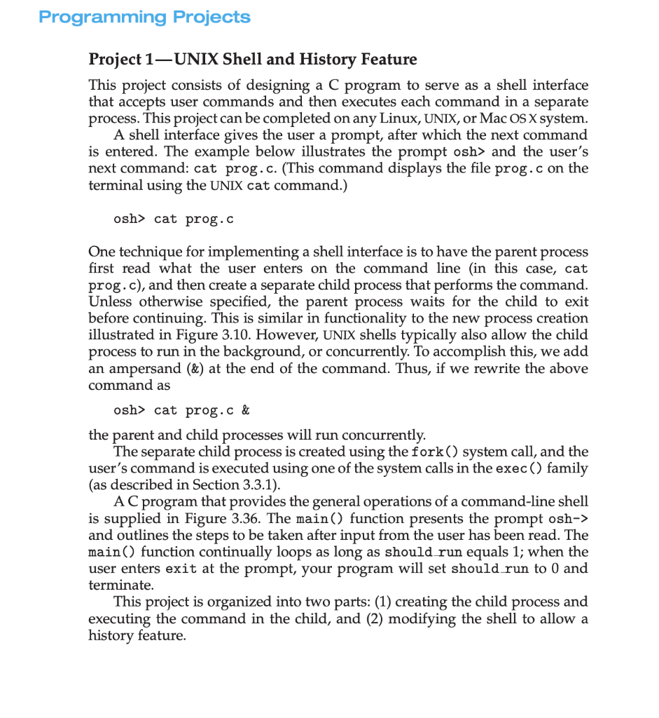 Programming Projects Project 1—UNIX Shell and History | Chegg.com