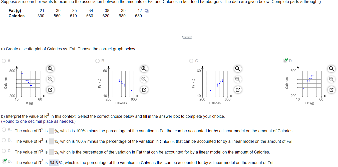 Solved a) Create a scatterplot of Calories vs. Fat. Choose | Chegg.com