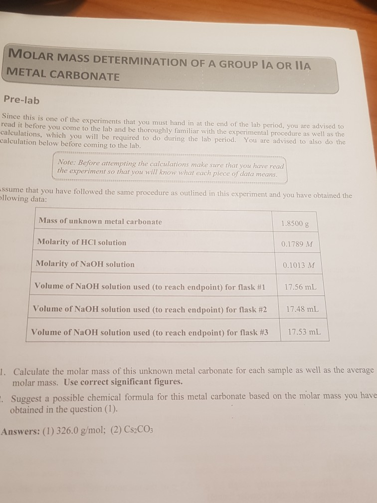MOLAR MASS DETERMINATION OF A GROUP IA OR IIA METAL | Chegg.com