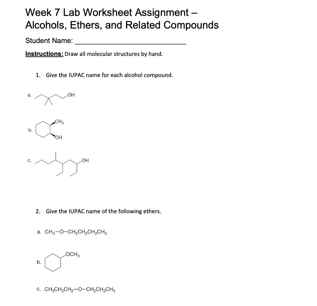 Solved Week 7 Lab Worksheet Assignment Alcohols, Ethers, and | Chegg.com