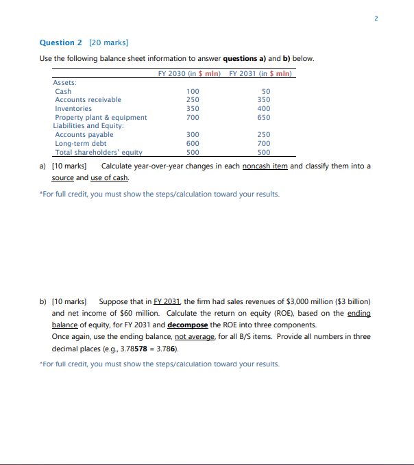 Solved Question 2 ﻿Use the following balance sheet | Chegg.com