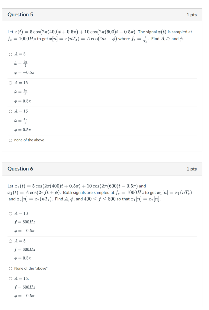 Solved Let x(t)=5cos(2π(400)t+0.5π)+10cos(2π(600)t−0.5π). | Chegg.com
