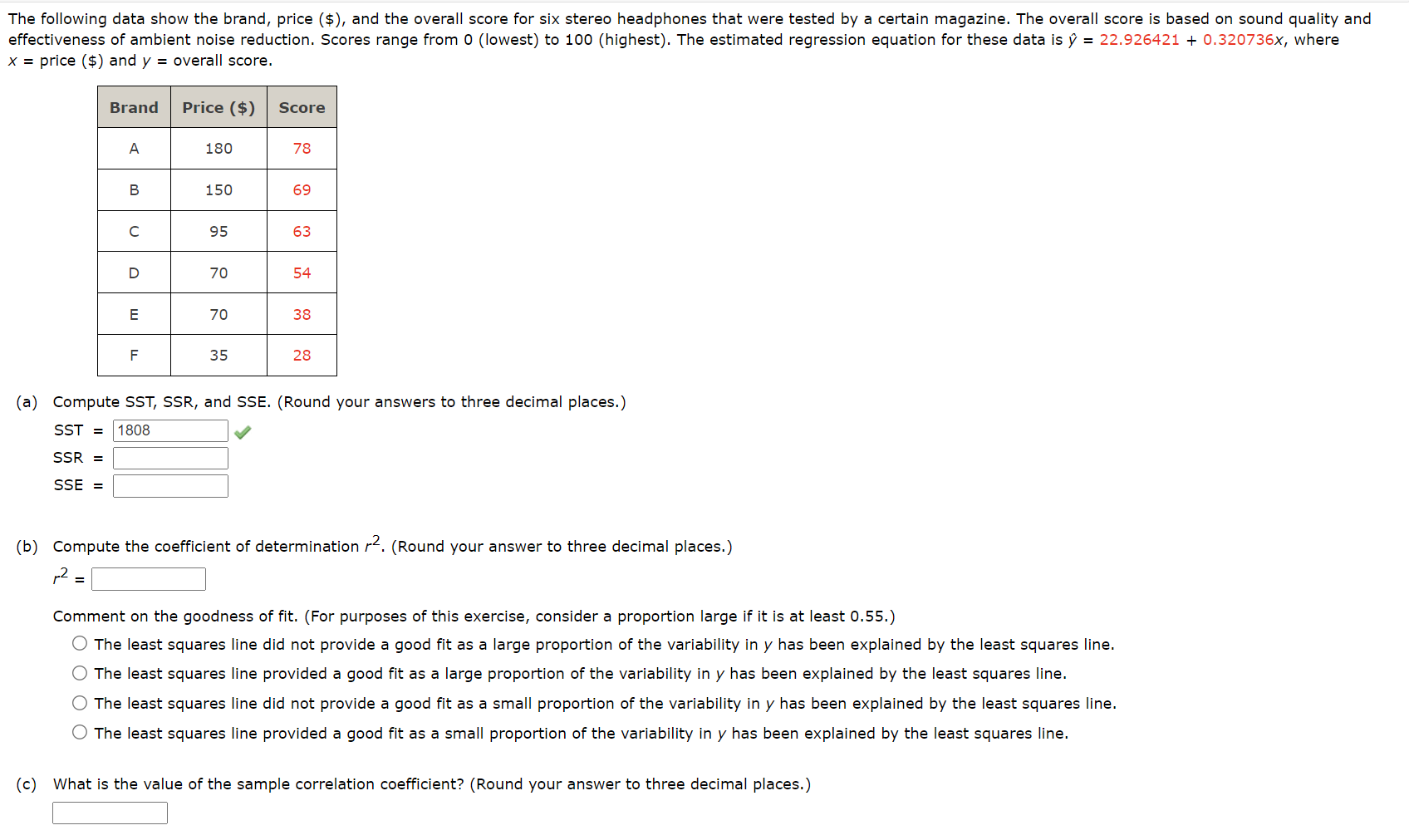 Solved x= ﻿price ($) ﻿and y= ﻿overall score.(a) ﻿Compute | Chegg.com