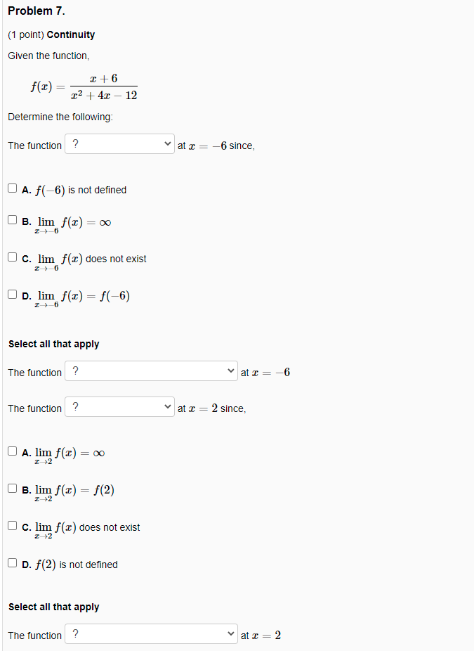 Solved Problem 7. (1 point) Continuity Given the function, 2 | Chegg.com