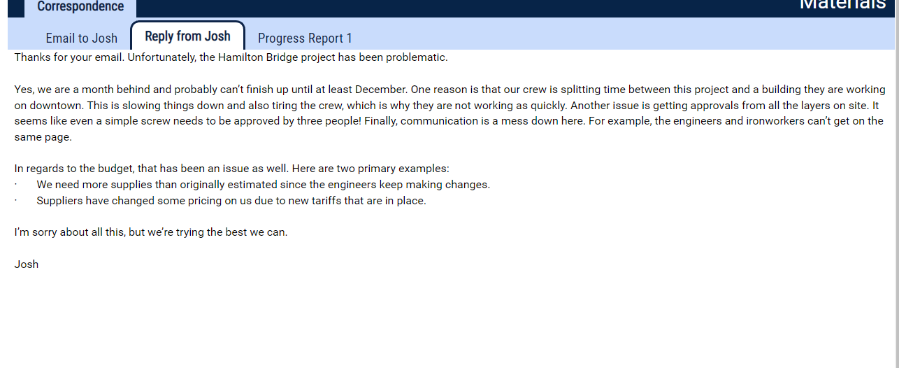 Solved Yes, we are a month behind and probably can't finish | Chegg.com