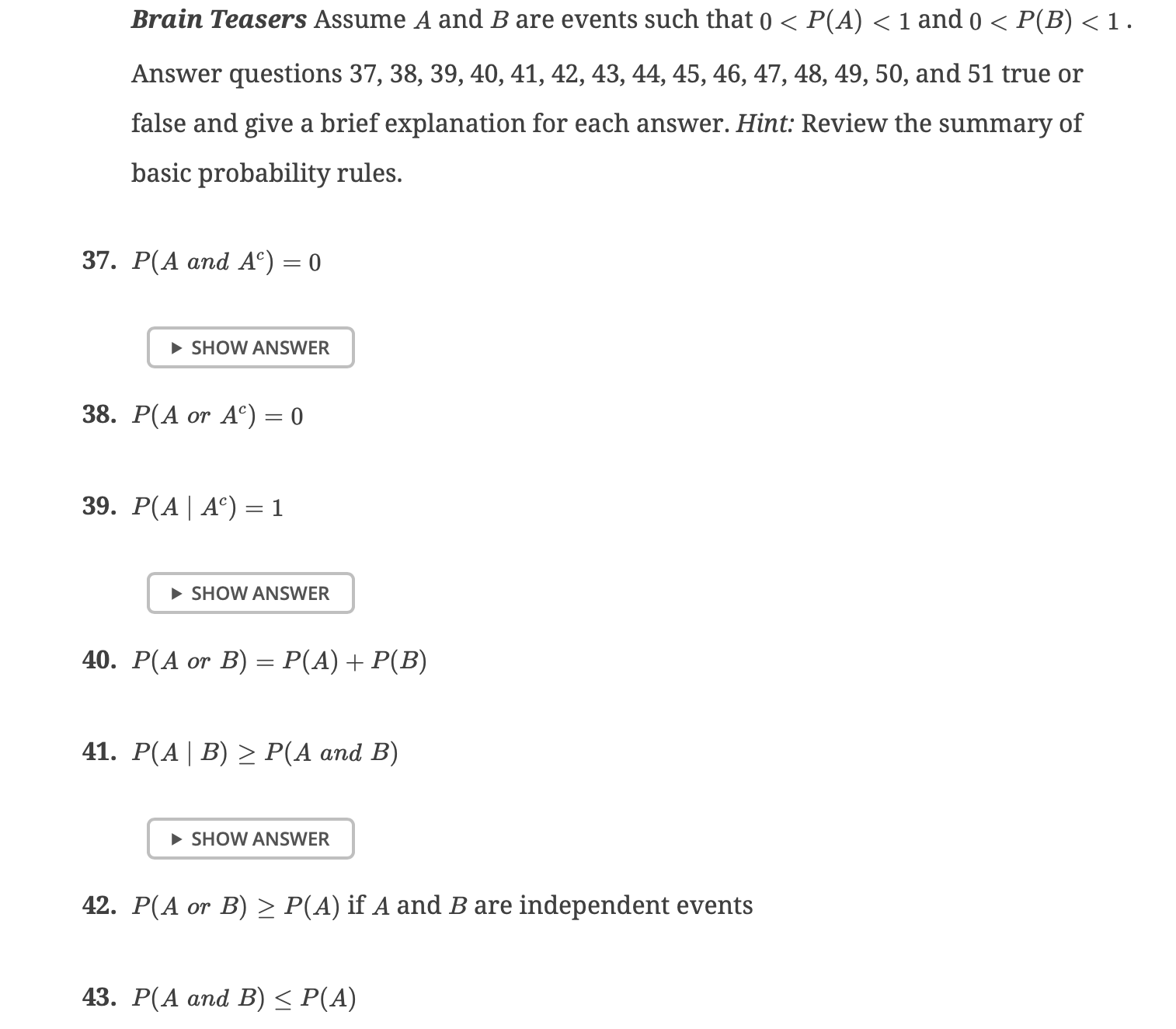 Solved Brain Teasers Assume A and B are events such that | Chegg.com