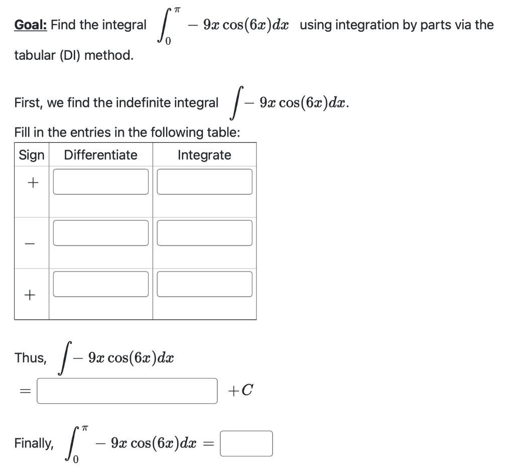 Solved TT Goal: Find the integral so 9x cos(6x) dx using | Chegg.com