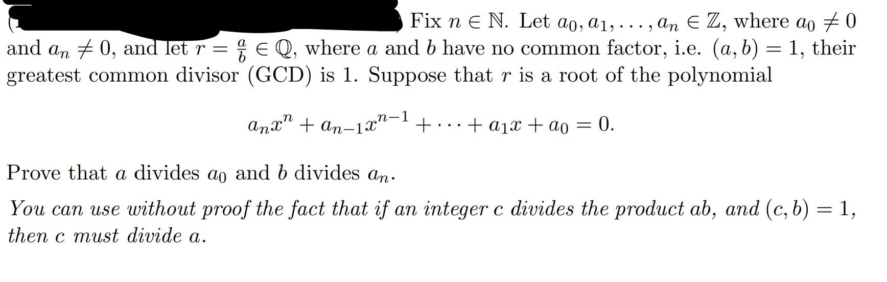 Solved Fix n∈N. Let a0,a1,…,an∈Z, where a0 =0 and an =0, and | Chegg.com