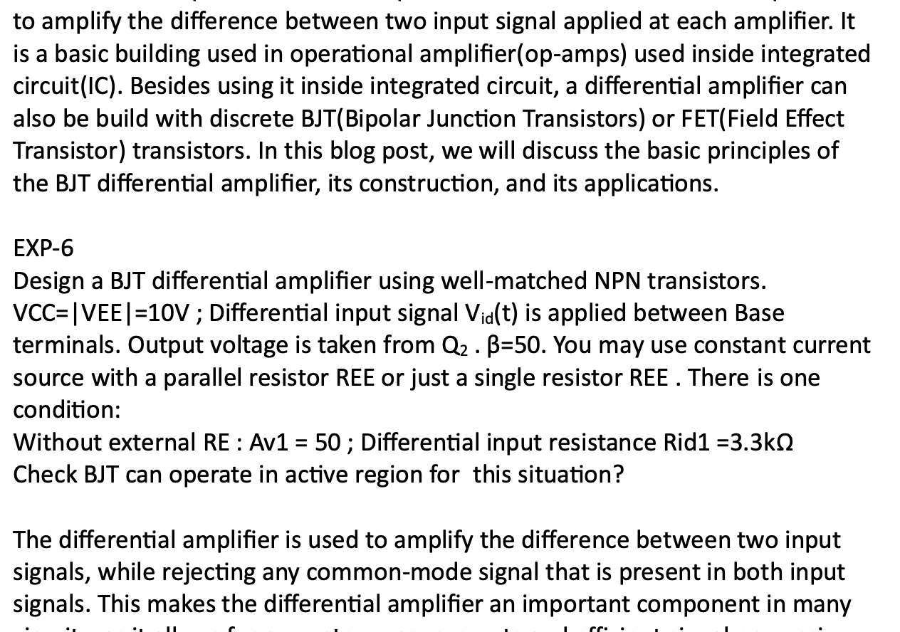 Solved to amplify the difference between two input signal | Chegg.com