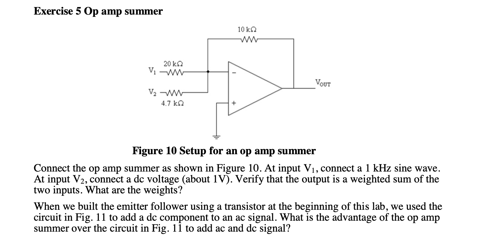 Exercise 5 Op amp summer Figure 10 Setup for an op | Chegg.com