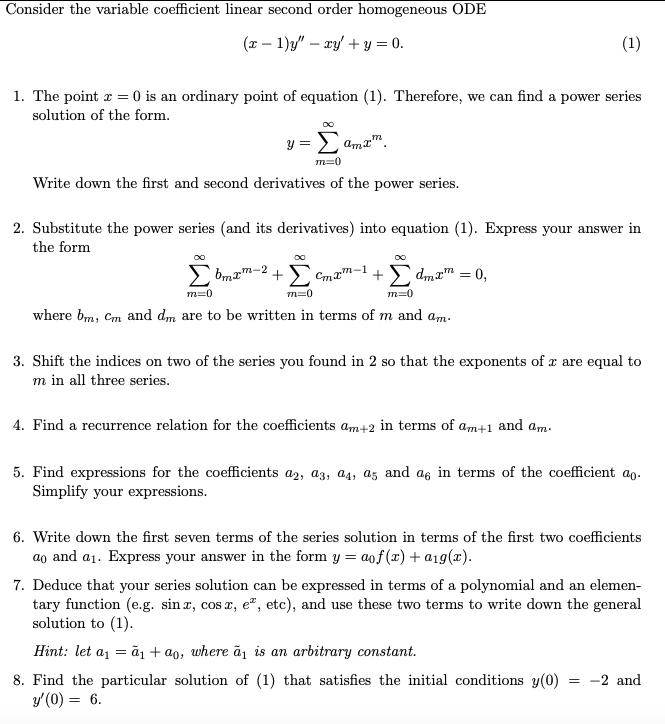 Solved Consider the variable coefficient linear second order | Chegg.com
