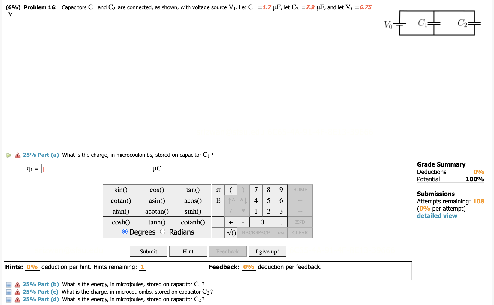 Solved (6\%) Problem 16: Capacitors C1 and C2 are connected, | Chegg.com