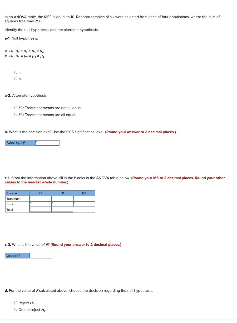 Solved In an ANOVA table, the MSE is equal to 10. Random | Chegg.com