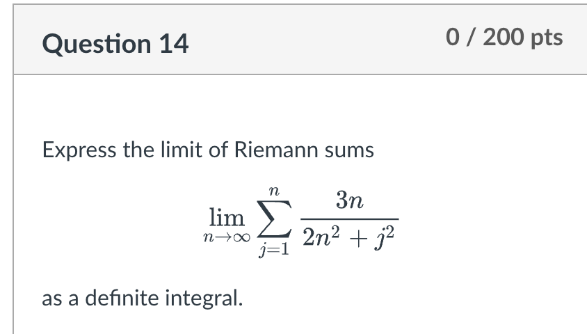 Solved Express the limit of Riemann sums limn→∞∑j=1n2n2+j23n | Chegg.com