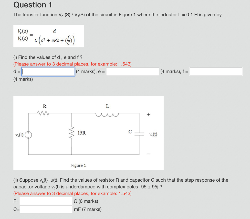 Question 1 The transfer function Vc (S)/ Vs(S) of the | Chegg.com