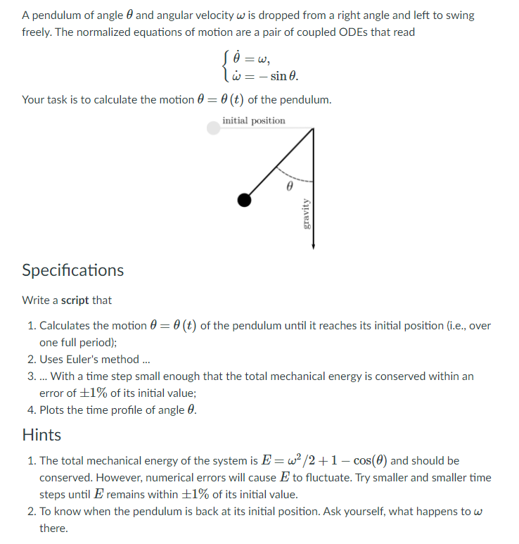 A pendulum of angle 6 and angular velocity w is | Chegg.com