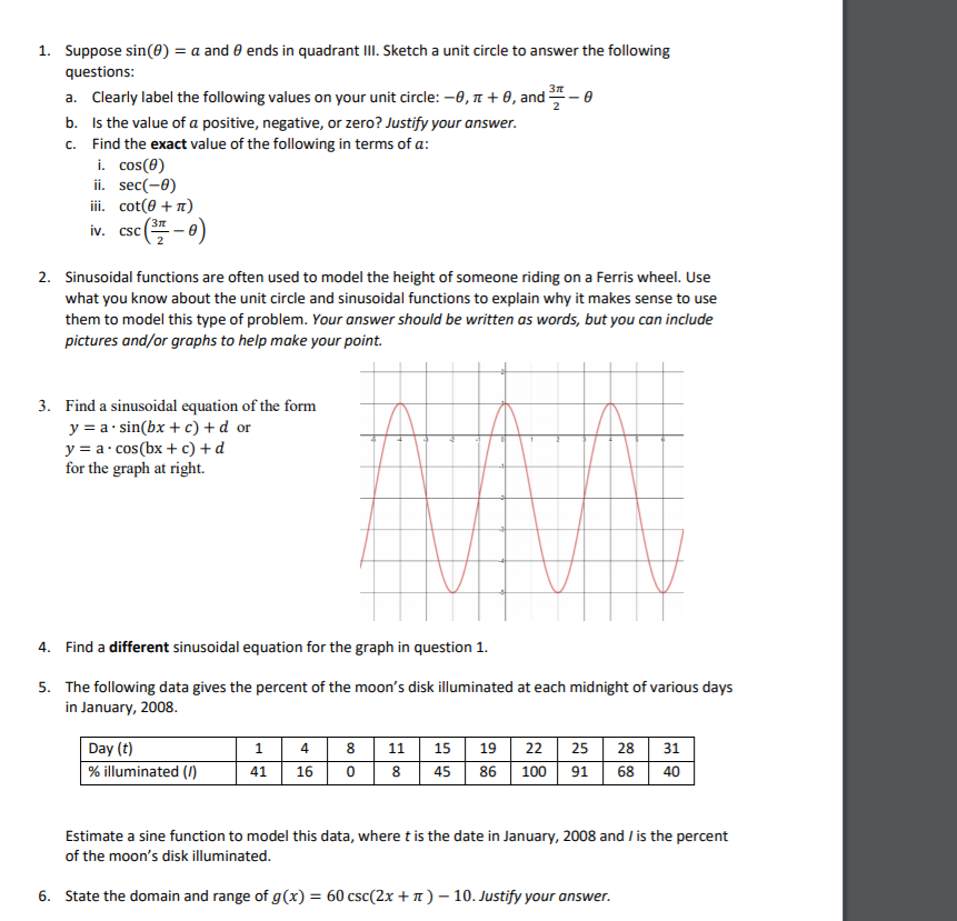 Solved 1. Suppose sin(0) = a and 0 ends in quadrant III. | Chegg.com