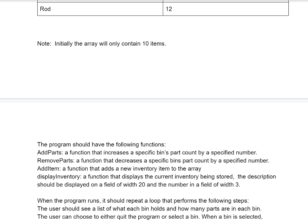 Exercise - Inventory Bins Write a program that | Chegg.com