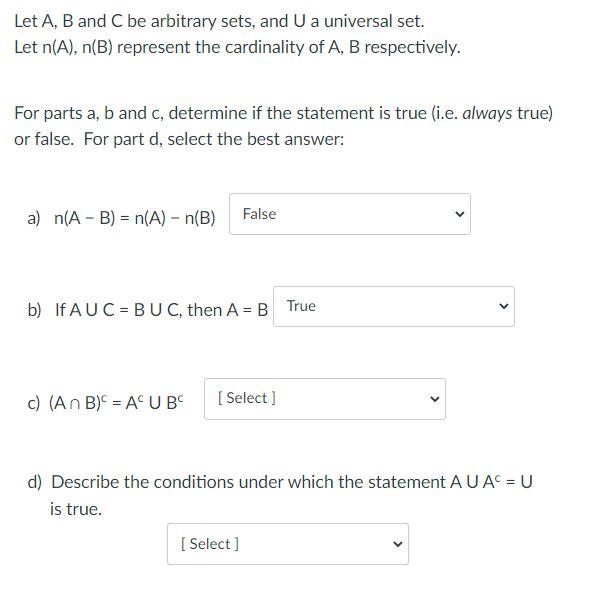 Solved Let A,B and C be arbitrary sets, and U a universal | Chegg.com