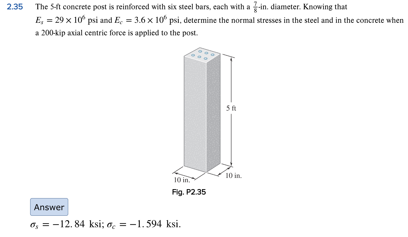 Solved 35 The 5 -ft concrete post is reinforced with six | Chegg.com