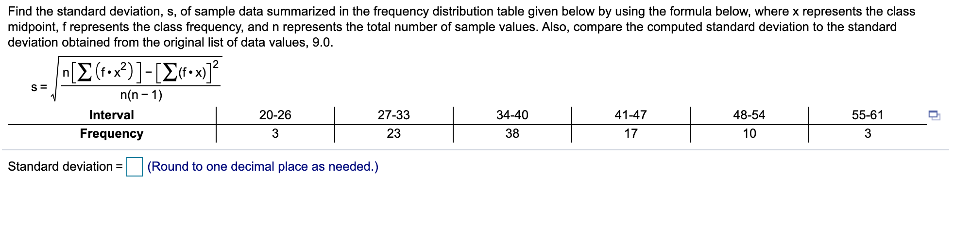 Solved Find the standard deviation, s, of sample data | Chegg.com