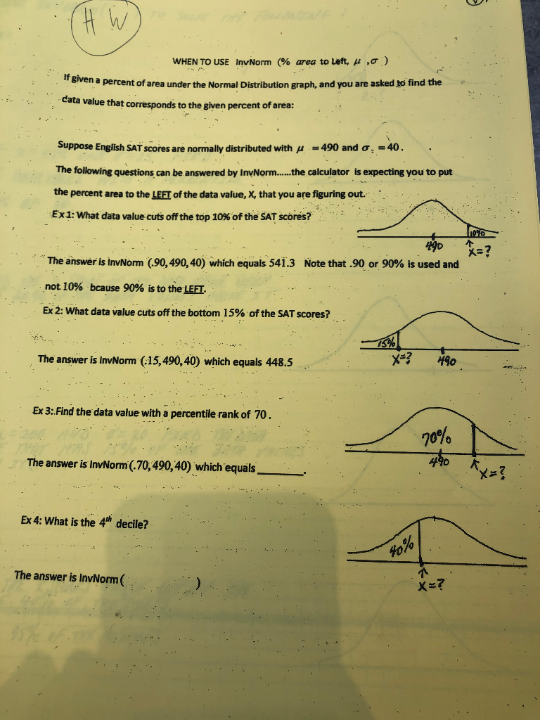 Solved H W WHEN TO USE InvNorm (% area to left. 4,0) If | Chegg.com