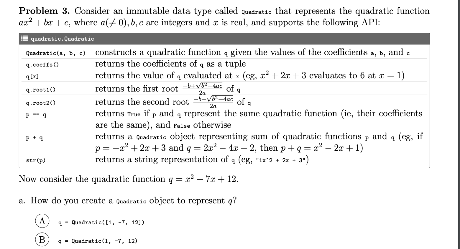 Solved Problem 3. Consider an immutable data type called | Chegg.com