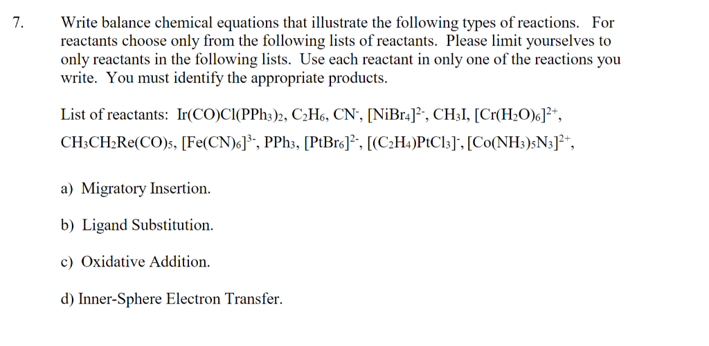 Solved 7. Write balance chemical equations that illustrate | Chegg.com