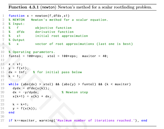 Function 4.3.1 (newton) Newton's method for a scalar | Chegg.com