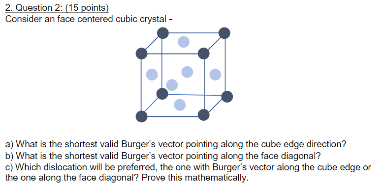Solved uestion Consider an face centered cubic crystal a) | Chegg.com