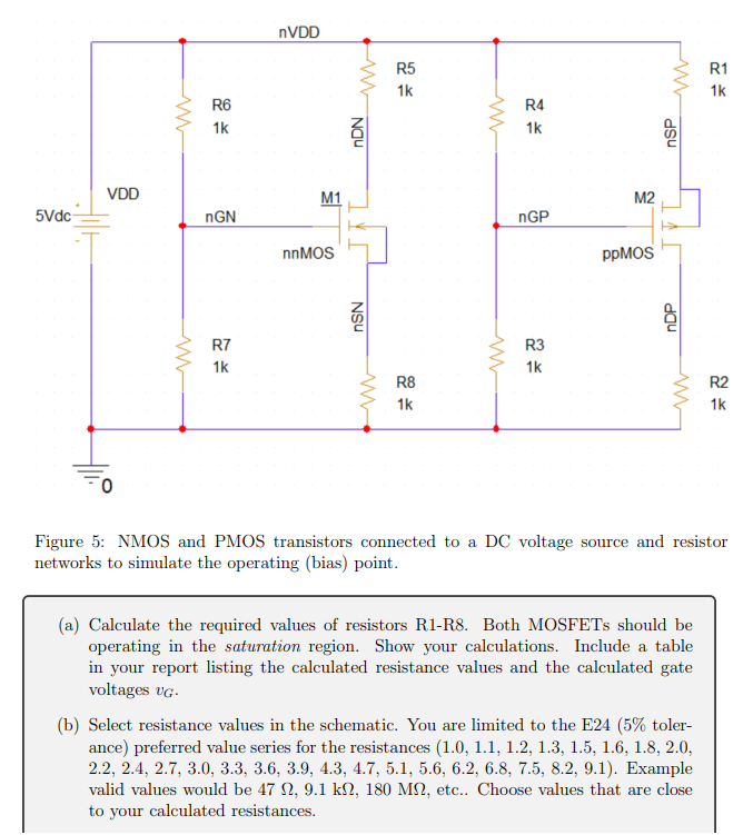 nVDD R5 R1 1k 1k R6 1k R4 1k nDN nSP VDD M1 M2 5Vdc | Chegg.com