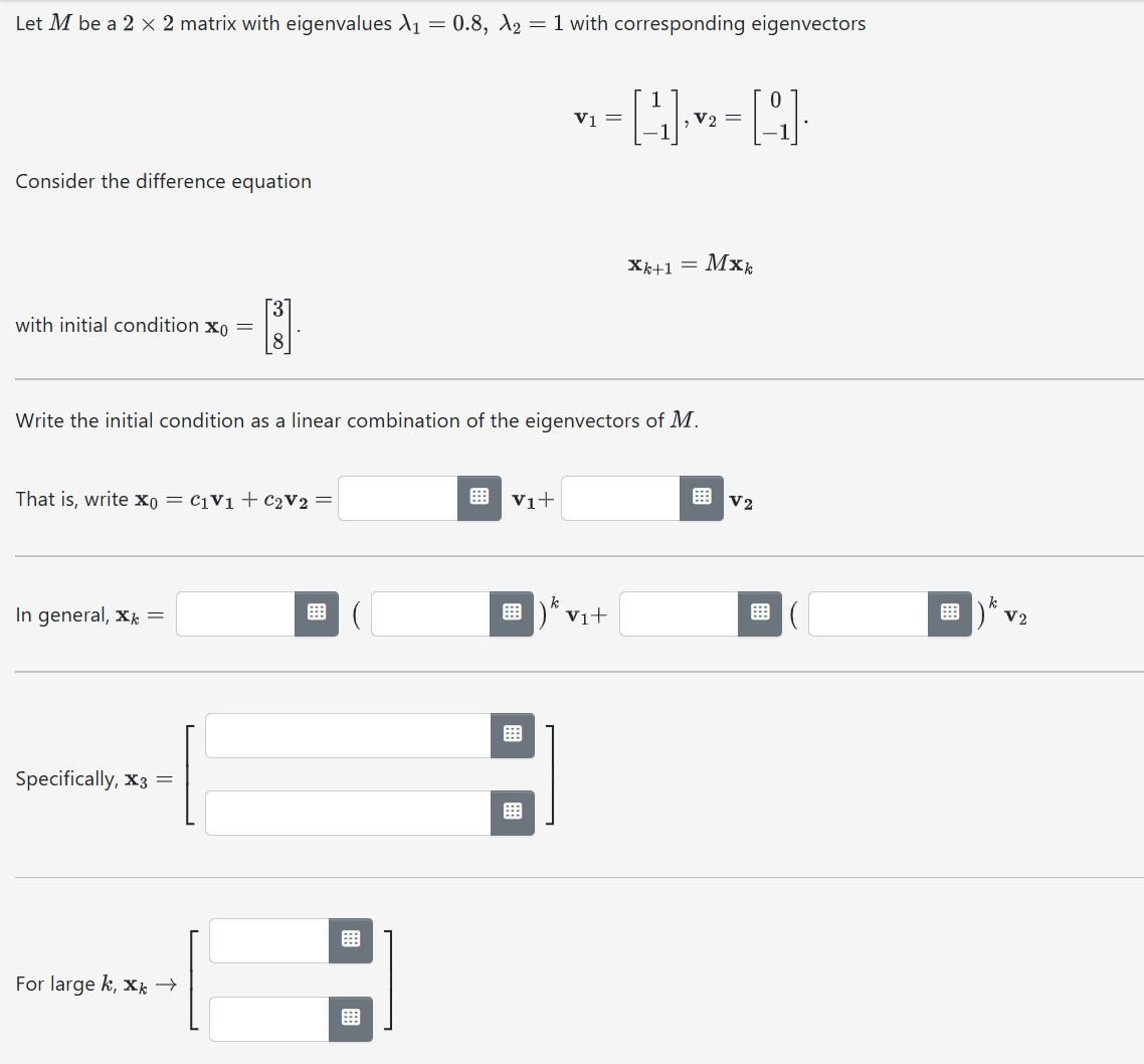 Solved Let M be a 2×2 ﻿matrix with eigenvalues λ1=0.8,λ2=1 | Chegg.com