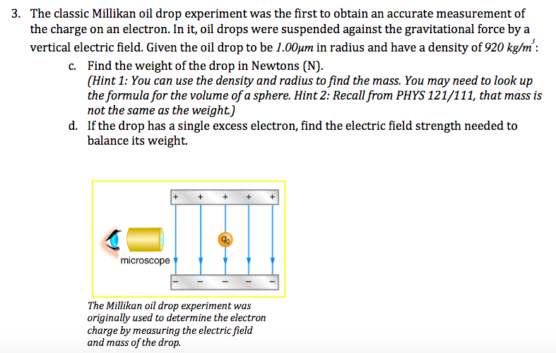 Solved 3. The classic Millikan oil drop experiment was the | Chegg.com