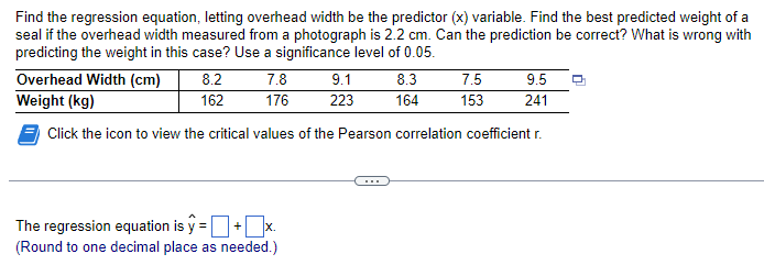 Solved Find the regression equation, letting overhead width | Chegg.com