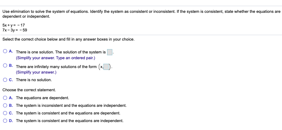 Solved Use elimination to solve the system of equations. | Chegg.com