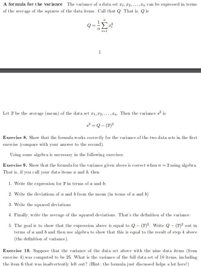 Solved A formula for the variance The variance of a data set | Chegg.com